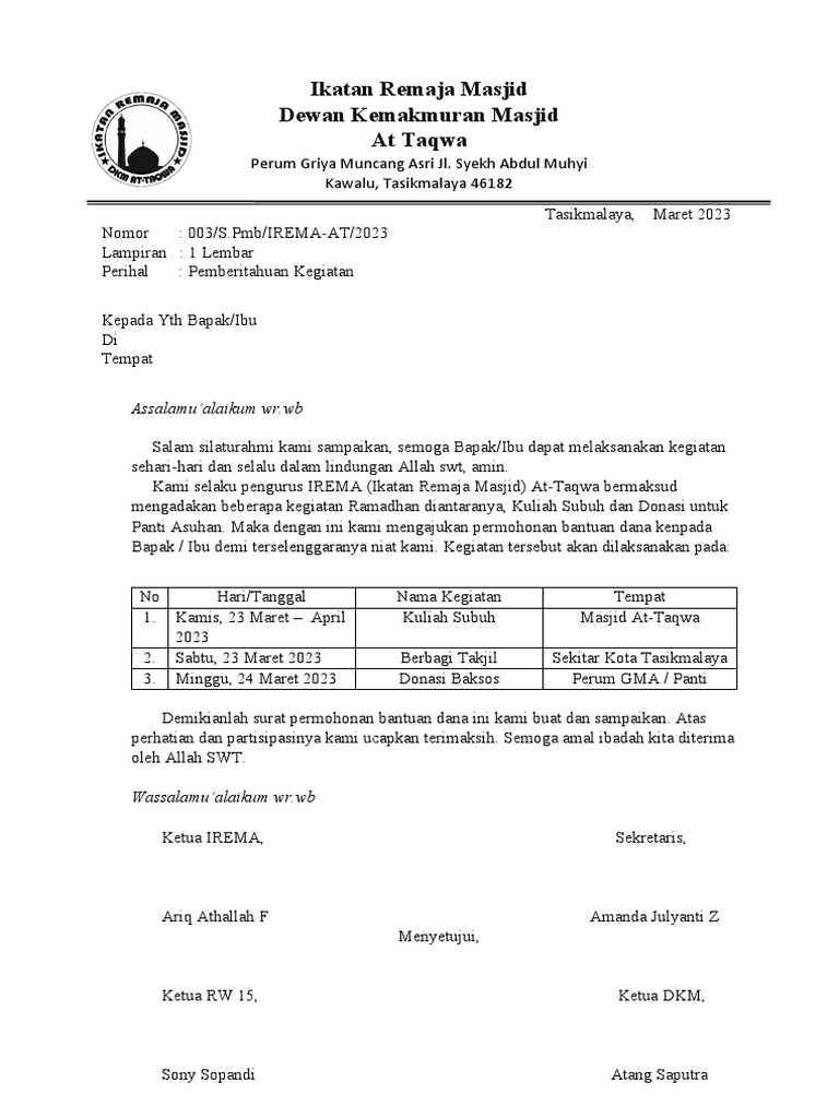Sirkulir Permohonan Donasi Kegiatan Ramadhan | PDF