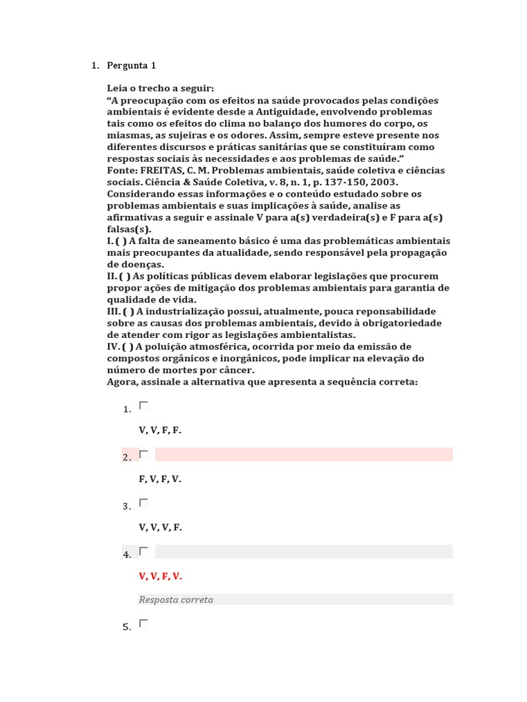 Pergunta 1: V, V, F, V | PDF | Sustentabilidade | Economia