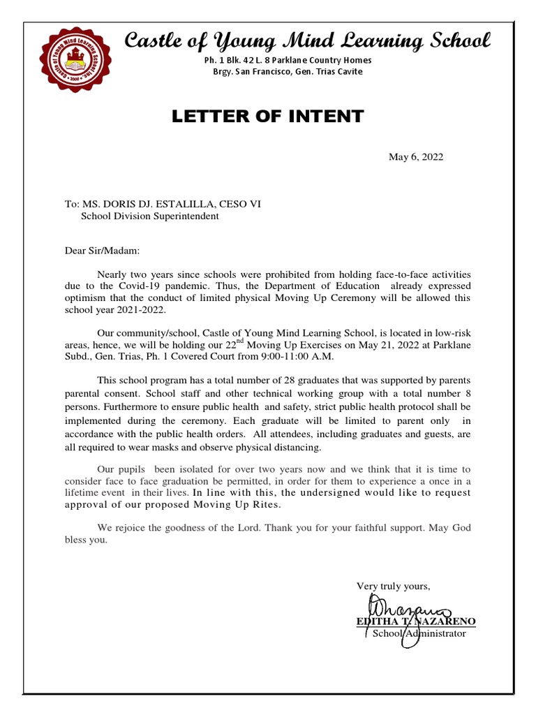 Letter of Intent For Face To Face Moving Up | PDF