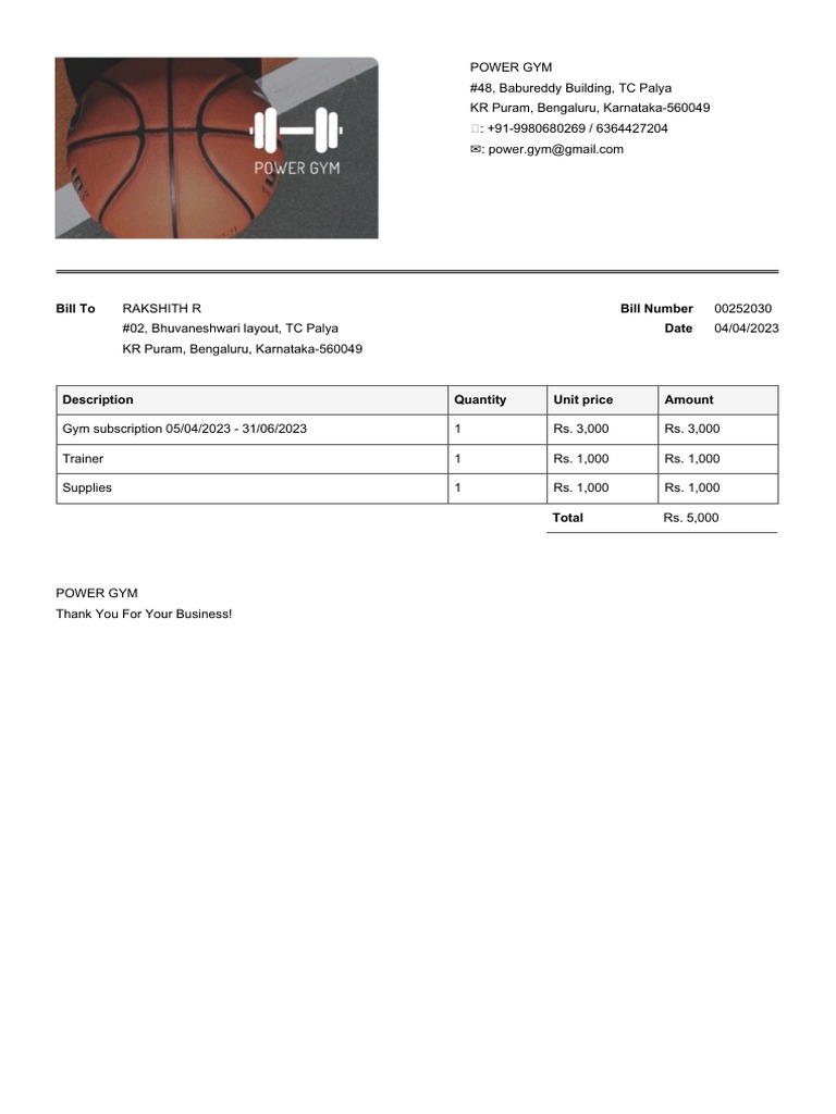 Power Gym Subscription Invoice | PDF