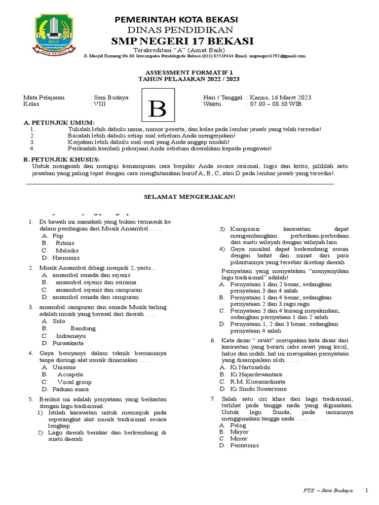 Soal PTS Seni Budaya Kelas 8 SMSTR 2 B EDIT EKA | PDF