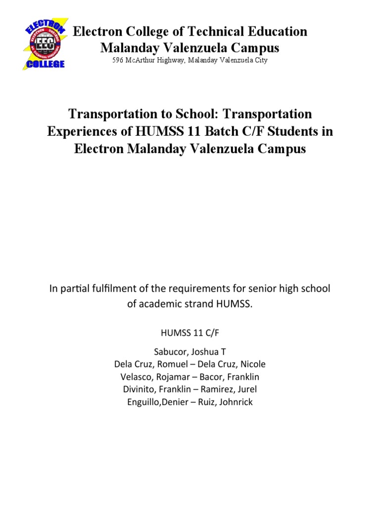 Transportation Experiences of HUMSS 11 Students at Electron Malanday ...