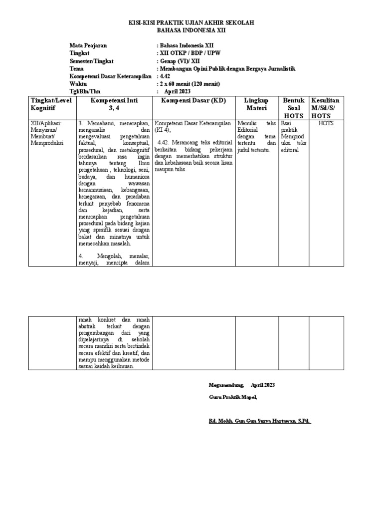 2023 Kisi-Kisi Ujian Praktek Bahasa Indonesia | PDF