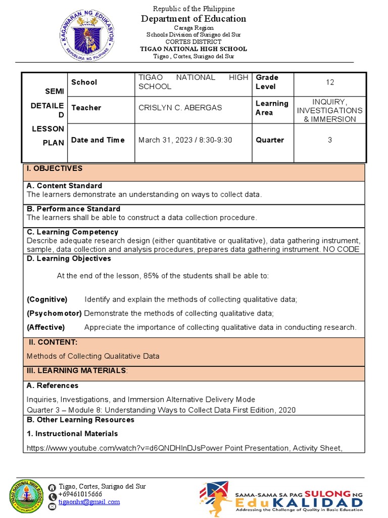 Inquiries, Investigation & Immersion Week 8 | PDF | Focus Group | Qualitative Research