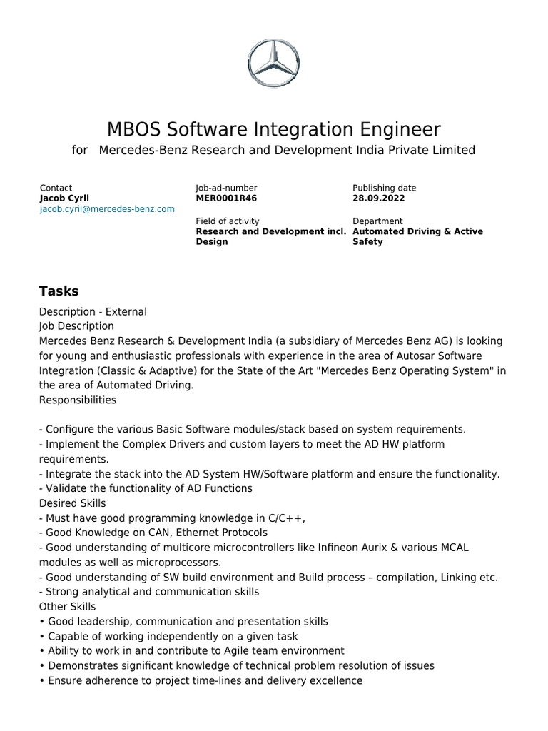 MBOS Software Integration Engineer: For Mercedes-Benz Research and ...