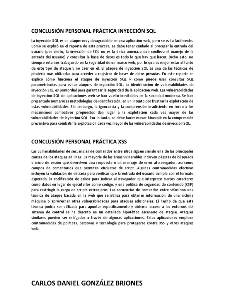 Conclusiones Practicas Inyeccion SQL y XSS | PDF | Vulnerabilidad (informática) | SQL