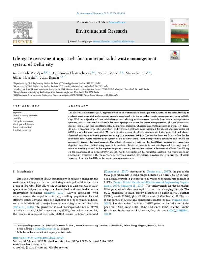 Life Cycle Assessment Approach For Municipal Solid Waste Management ...