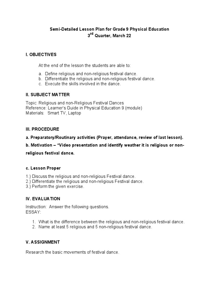 Grade 9 PE Lesson on Religious and Non-Religious Festival Dances | PDF