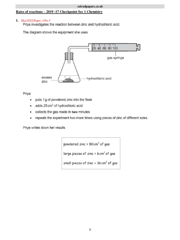 2022 17 Rates of Reactions Checkpoint - Sec - 1 Chemistry | PDF ...