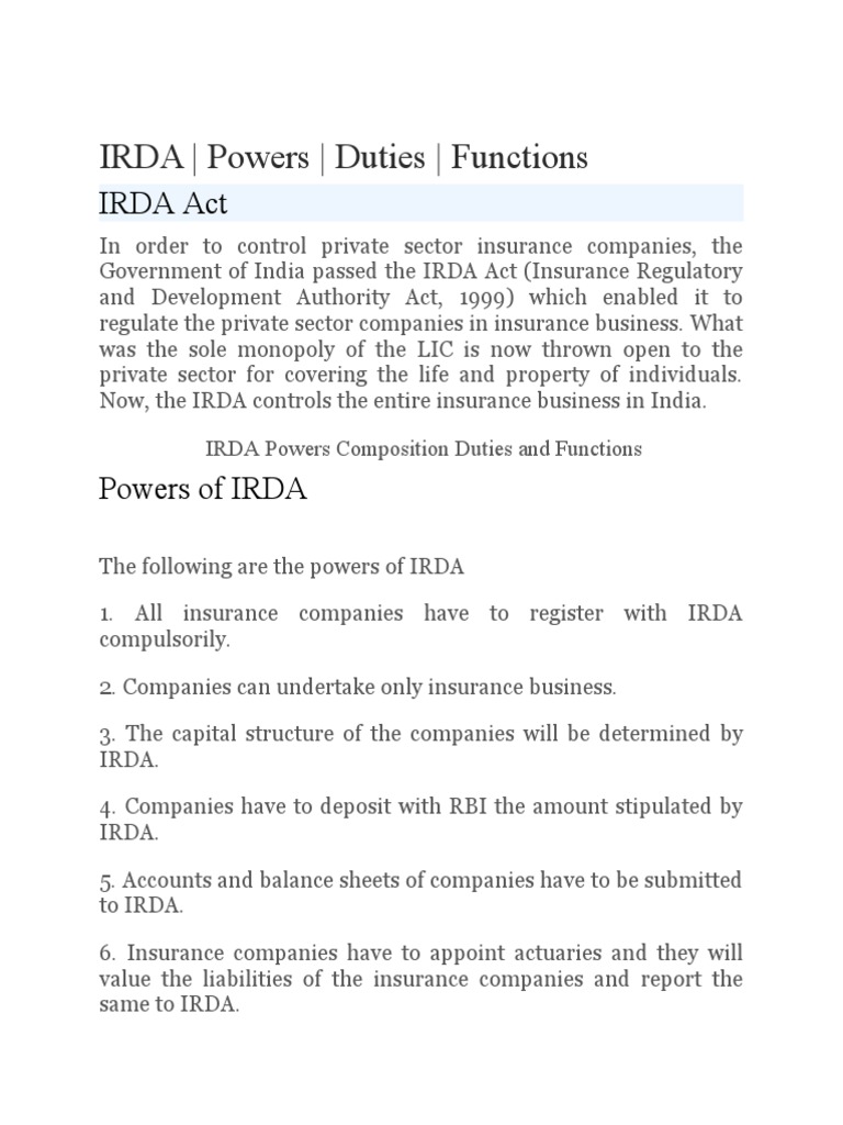 Irda - Act 1999 | PDF | Insurance | Financial Services