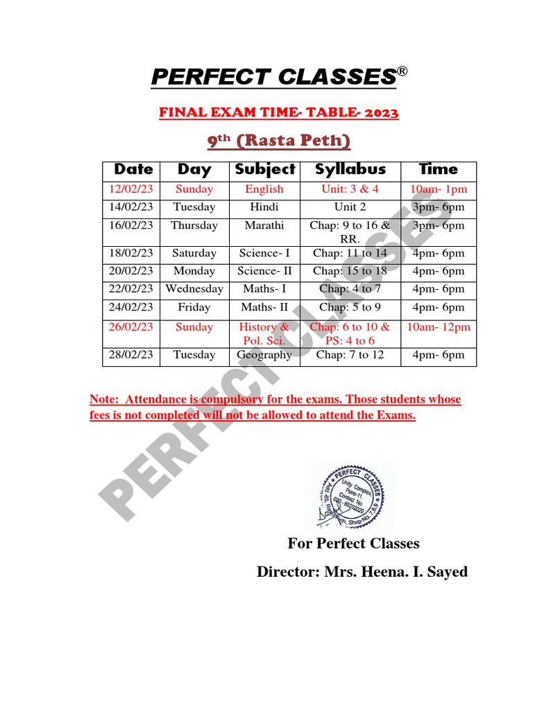 9th Final Exam Time Table 2023 | PDF