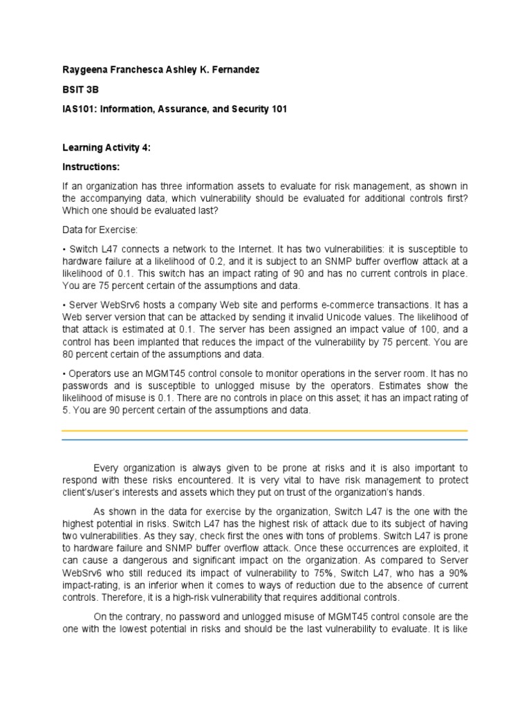 Fernandez Learning Activity 4 | PDF | Vulnerability (Computing) | Risk