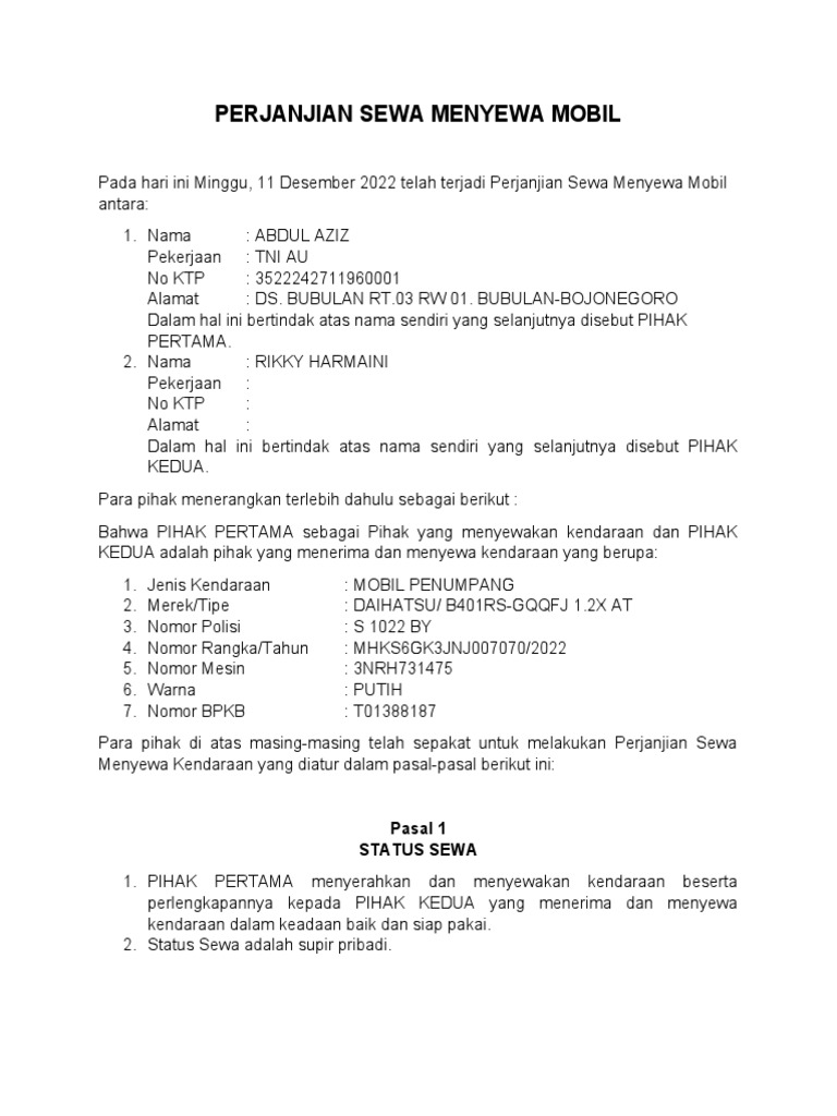 Surat Perjanjian Sewa Mobil | PDF