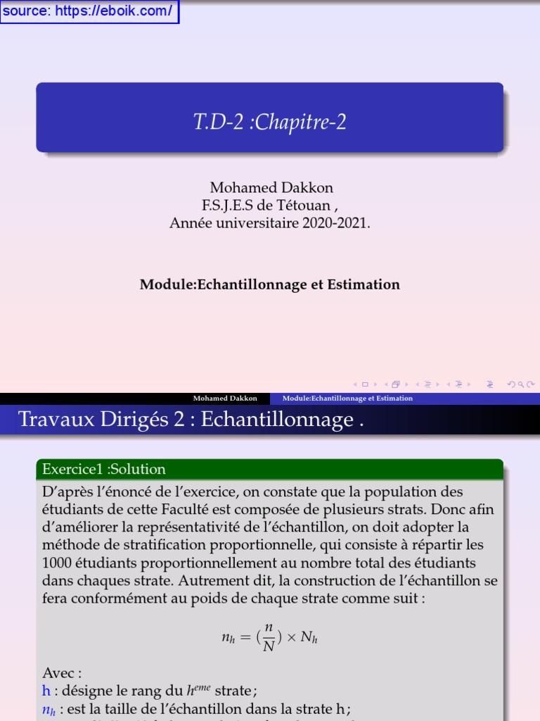 TD 2 Solution Chapitre2 Echantillonnage Et Estimation - Compressed | PDF | Sondage (statistique ...