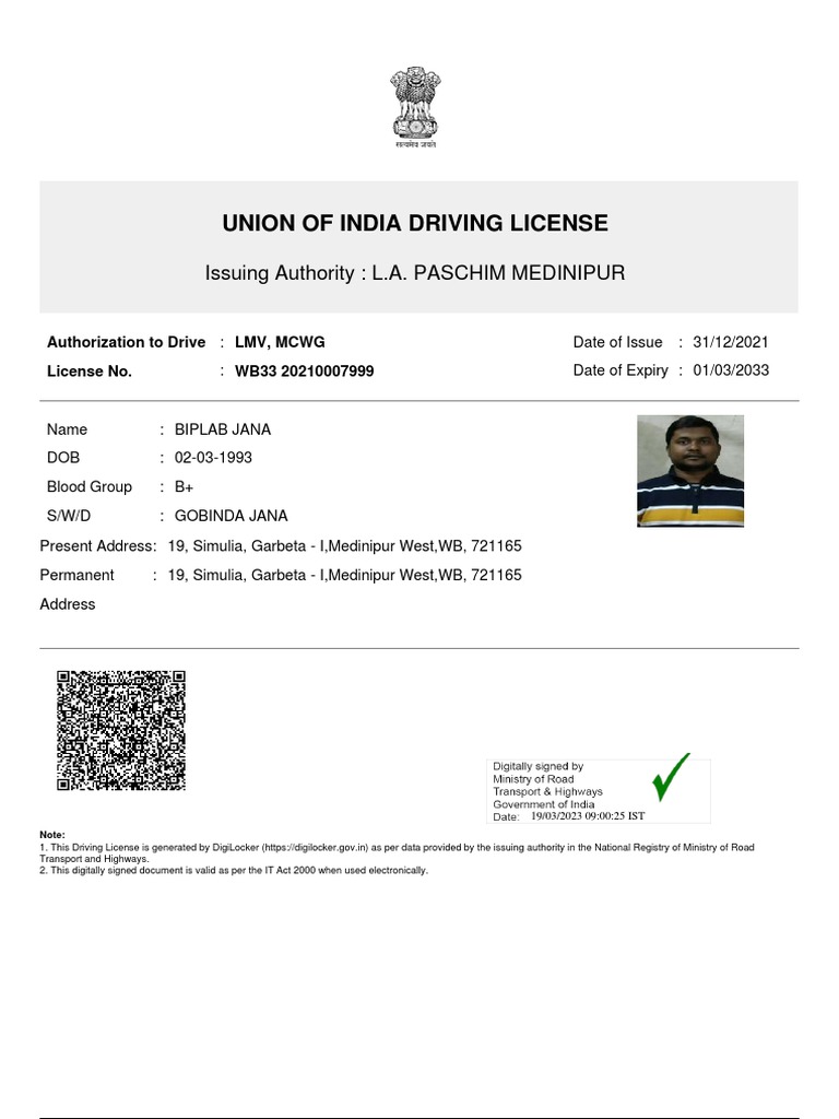 Union of India Driving License: Issuing Authority: L.A. PASCHIM ...
