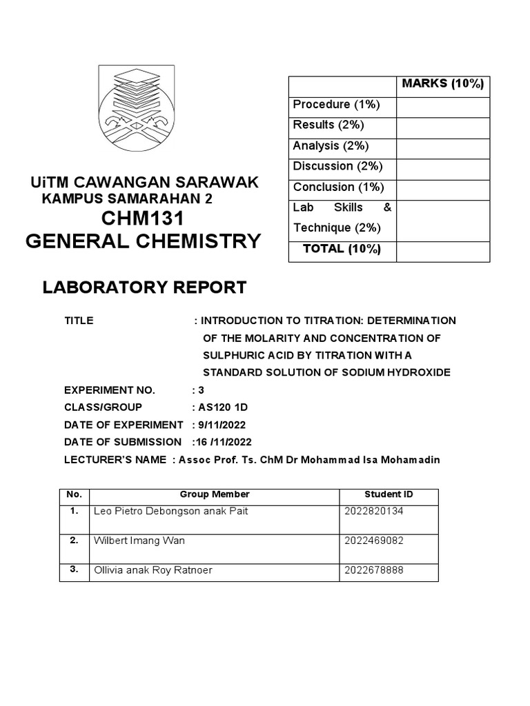 Lab Report Chm 131 Exp 3 Pdf Titration Chemistry