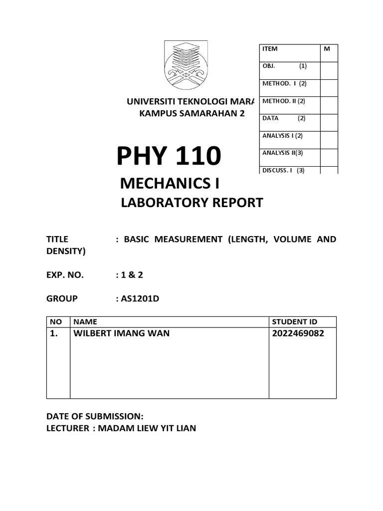 Phy 110 Lab Report 1 | PDF | Volume | Metrology