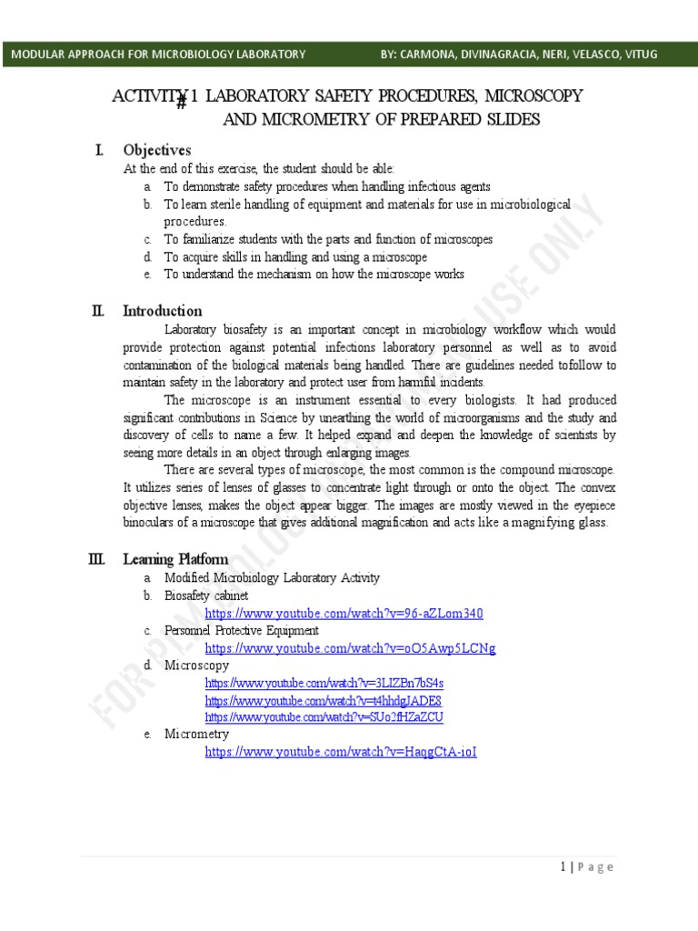 Activity1 Laboratory Safety Procedures, Microscopy and Micrometry of ...
