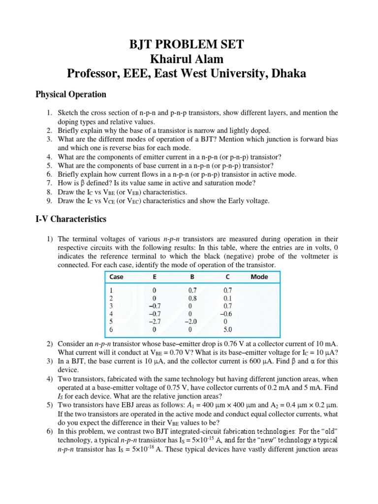 Problems BJT Operation and IV | PDF | Bipolar Junction Transistor | Transistor