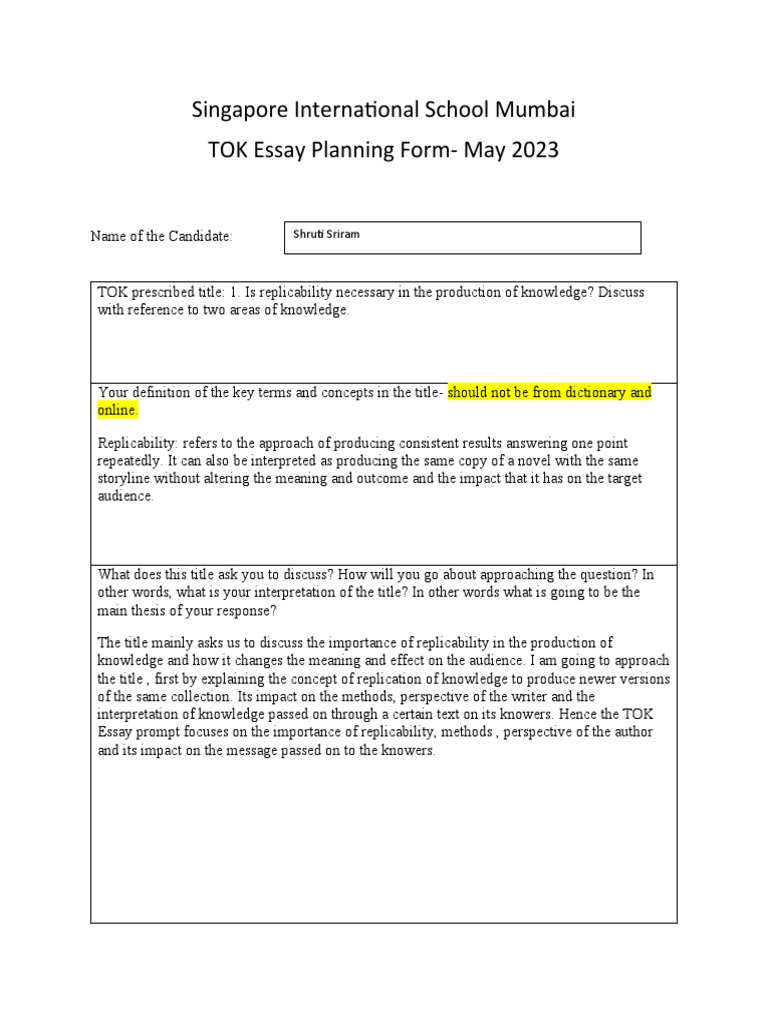 Singapore International School Mumbai TOK Essay Planning Form-May 2023 ...