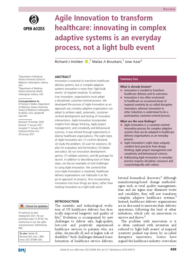 Agile Innovation To Transform Healthcare: Innovating in Complex Adaptive Systems Is An Everyday ...