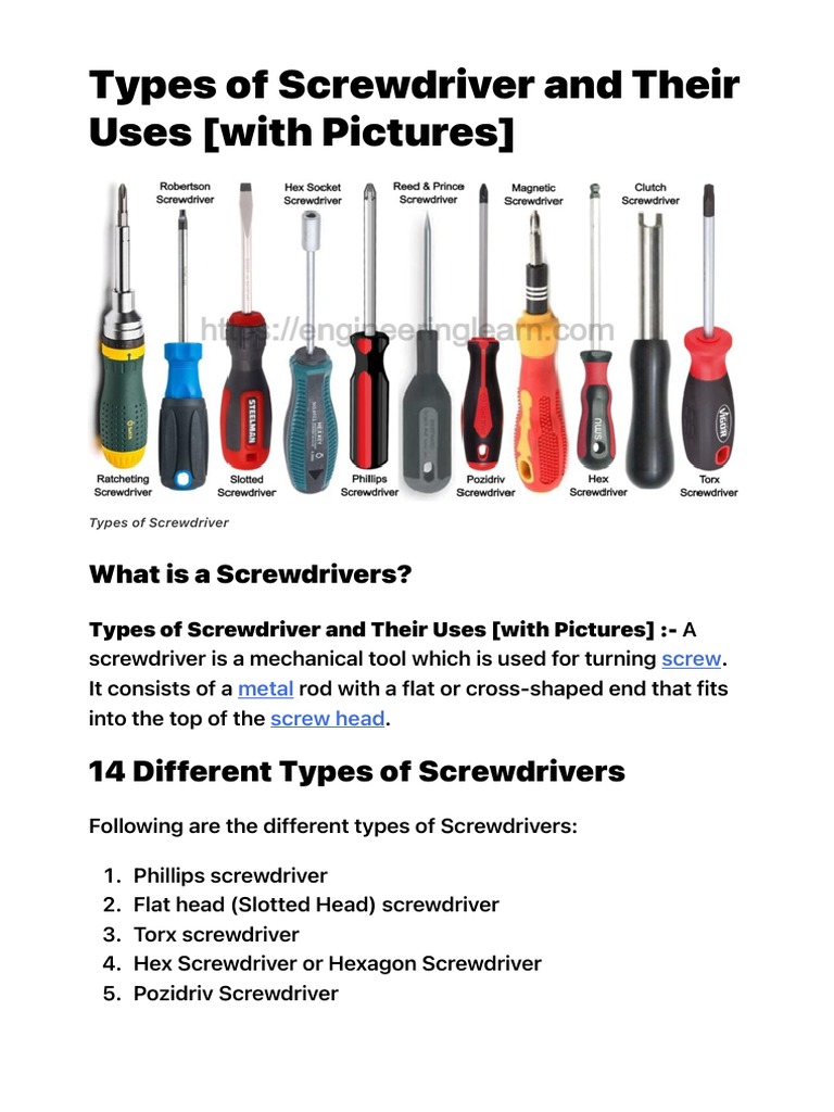 Types of Screwdriver and Their Uses (With Pictures) | PDF | Screw | Mechanical Engineering