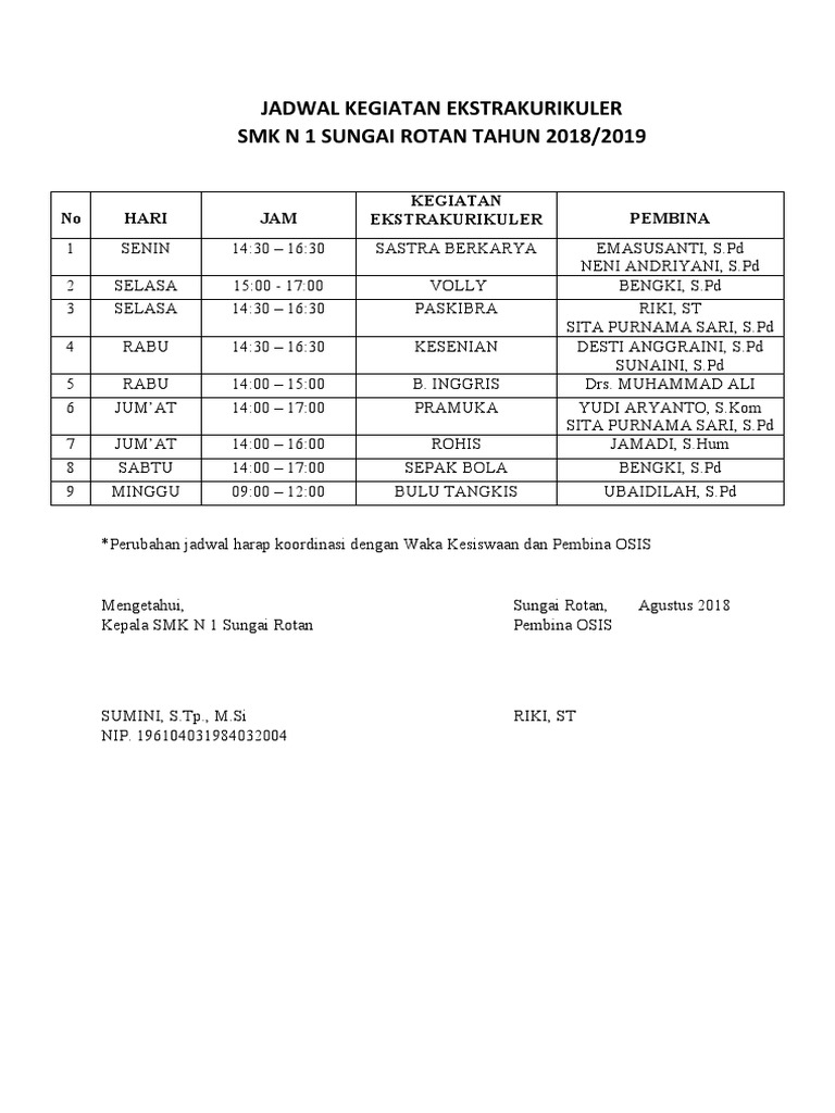 Jadwal Kegiatan Ekstrakurikuler | PDF