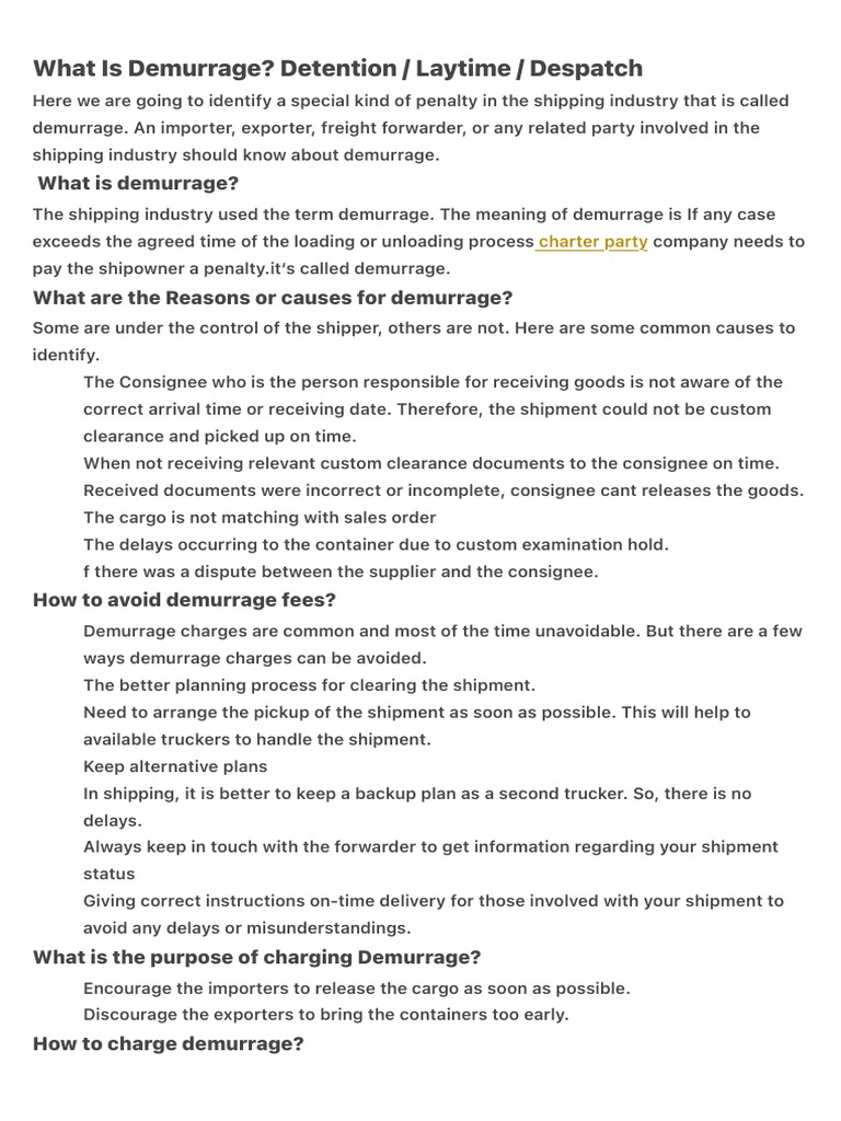 What Is Demurrage? Detention / Laytime / Despatch | PDF ...