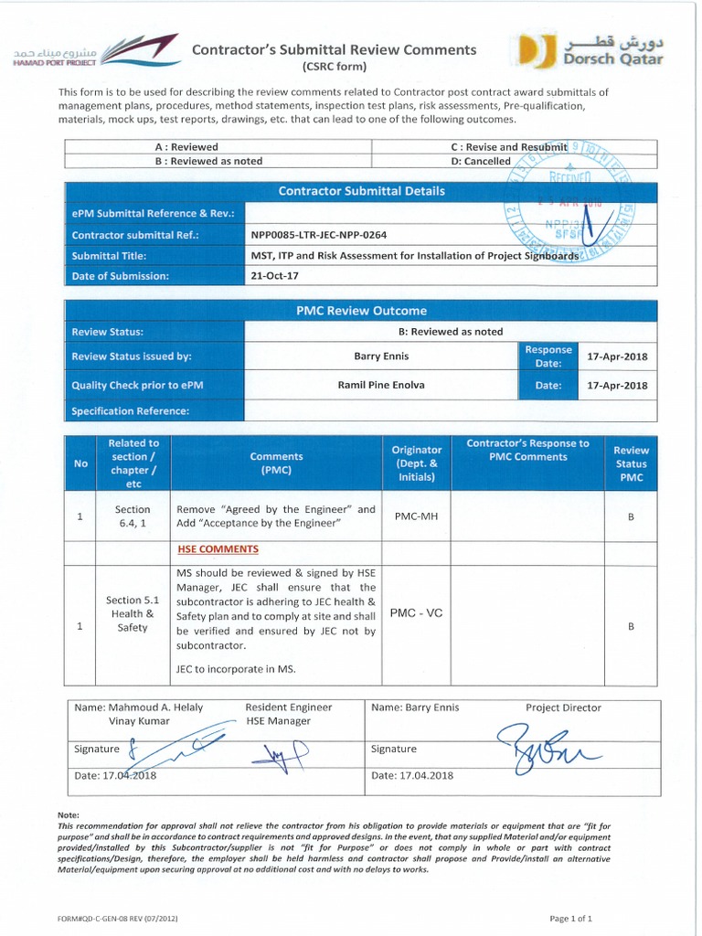 Reply From HPP0100-MS-0004 Method Statement Submittal | PDF