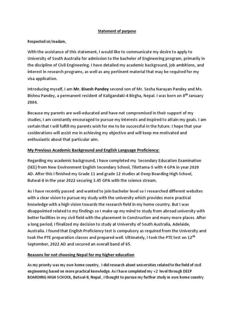 SOP For UniSA | PDF | University | Civil Engineering