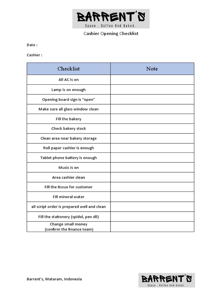 Cashier Opening Checklist Template | PDF