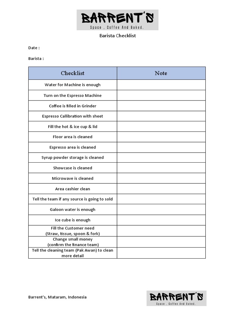 Barista Checklist | PDF