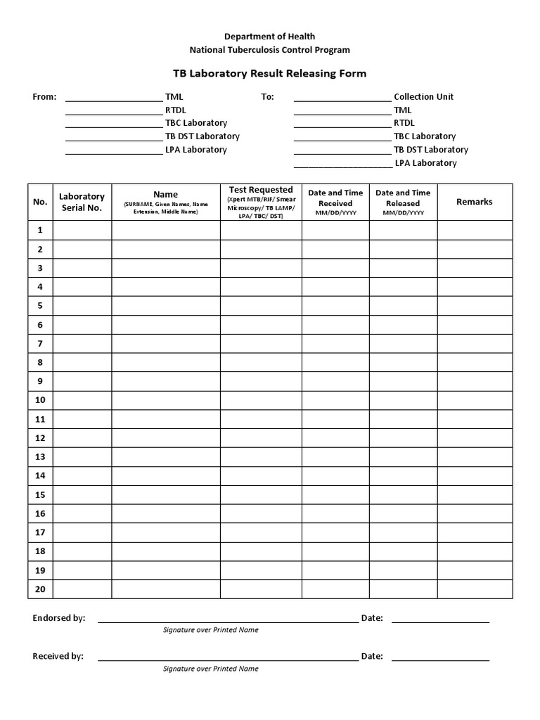 TB DOTS Specimen - Releasing - Form | PDF
