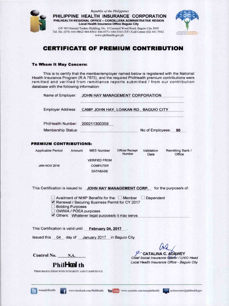 PhilHealth Certificate of Premium Contribution 2017 | PDF | Service ...