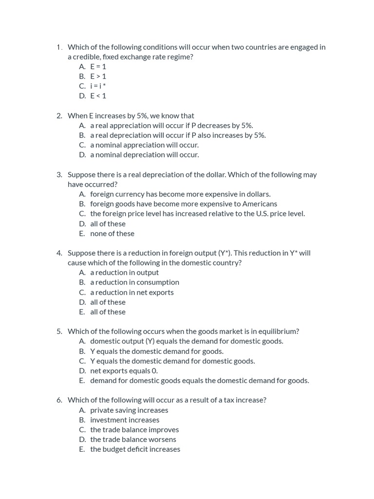 Multiple Choice Questions on Macroeconomic Concepts Related to Exchange ...