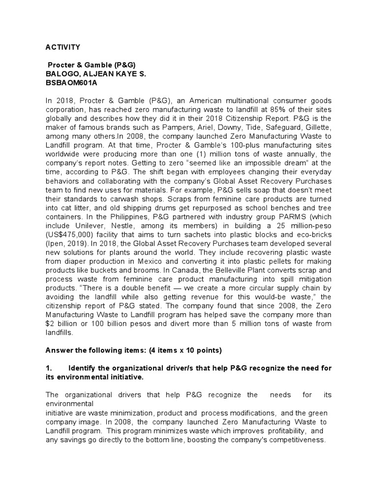 Activity Procter & Gamble (P&G) Balogo, Aljean Kaye S. Bsbaom601A | PDF | Recycling | Waste