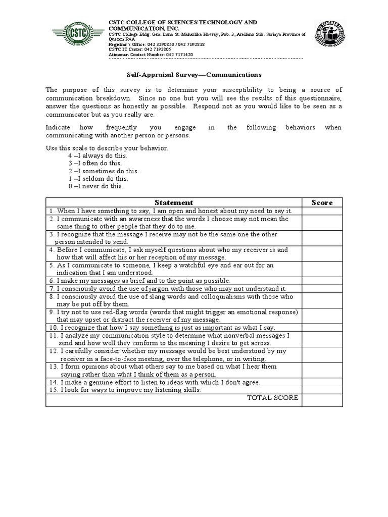 Communication Self-Appraisal Survey | PDF | Communication | Social ...