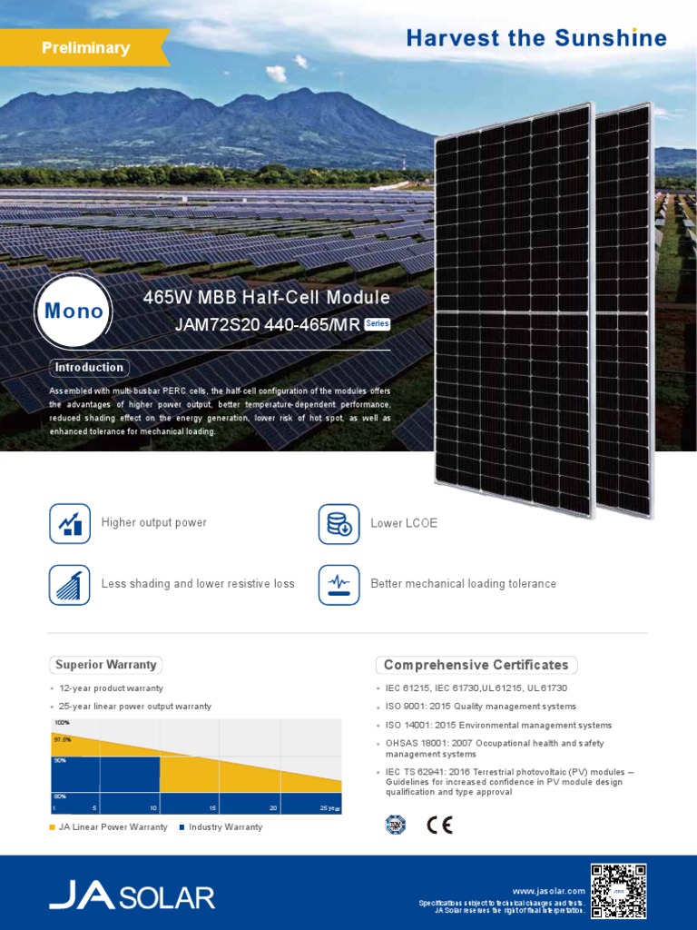 JA Solar JAM72S20 465W Module Specs | PDF | Photovoltaics | Solar Panel