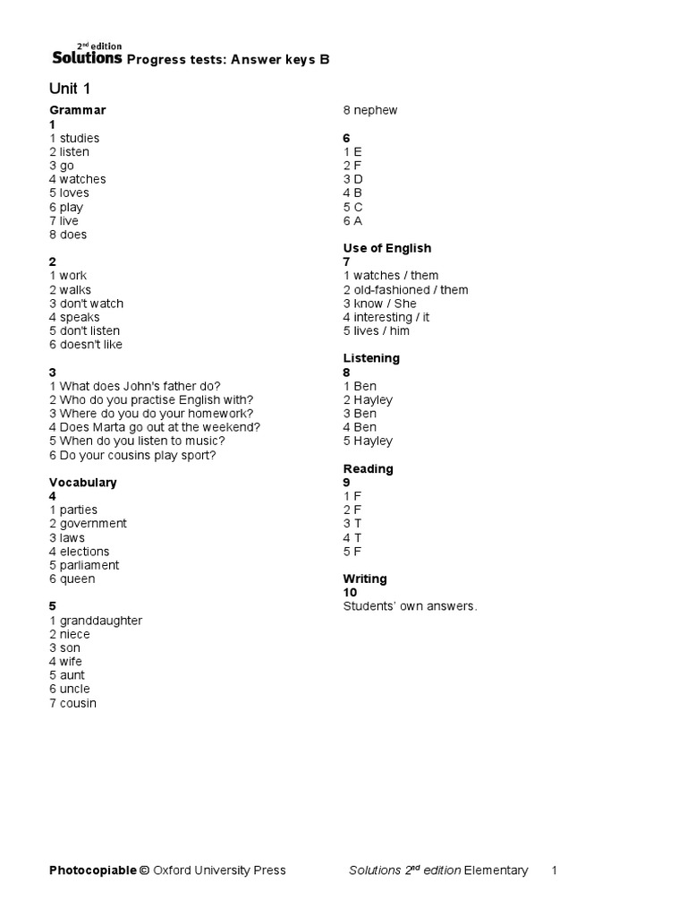 Unit 1: Progress Tests: Answer Keys B | PDF