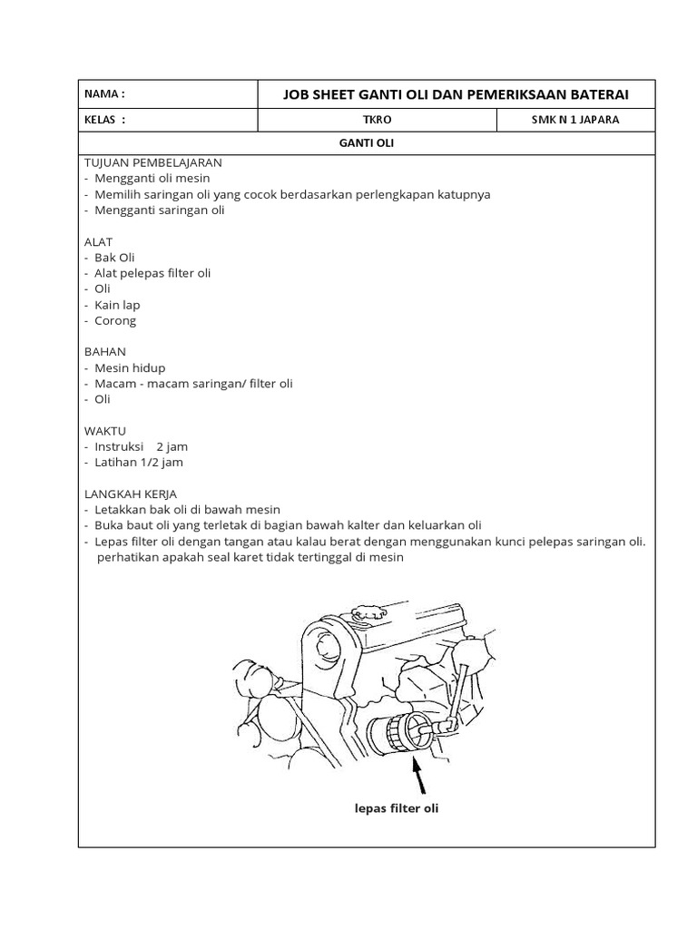 Job Sheet Baterai Dan Ganti Oli | PDF | Teknologi & Rekayasa