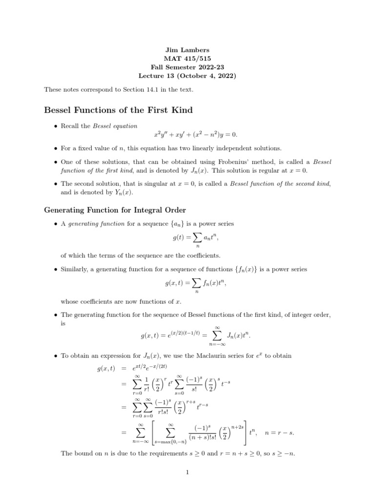 Bessel Functions of The First Kind: Generating Function For Integral Order | PDF | Function ...