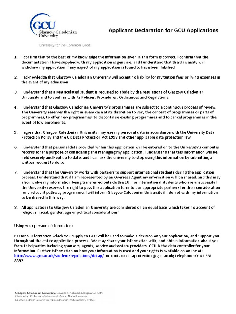 Applicant Declaration Glasgow Caledonian University London - 43632 ...