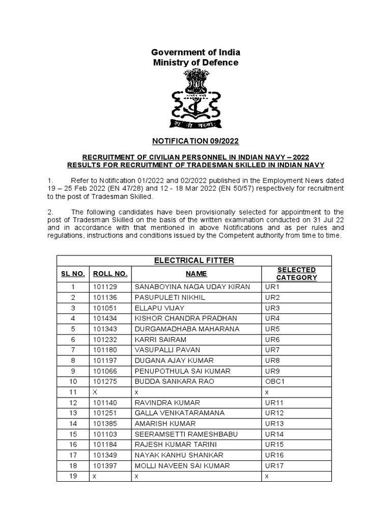 Government of India Ministry of Defence: NOTIFICATION 09/2022 ...