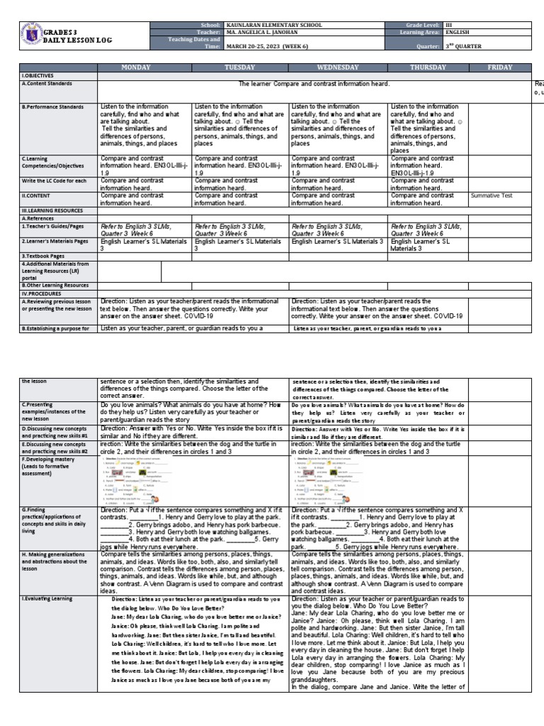 English DLL Q3 W6 Day 1-5 | PDF | Learning | Teachers