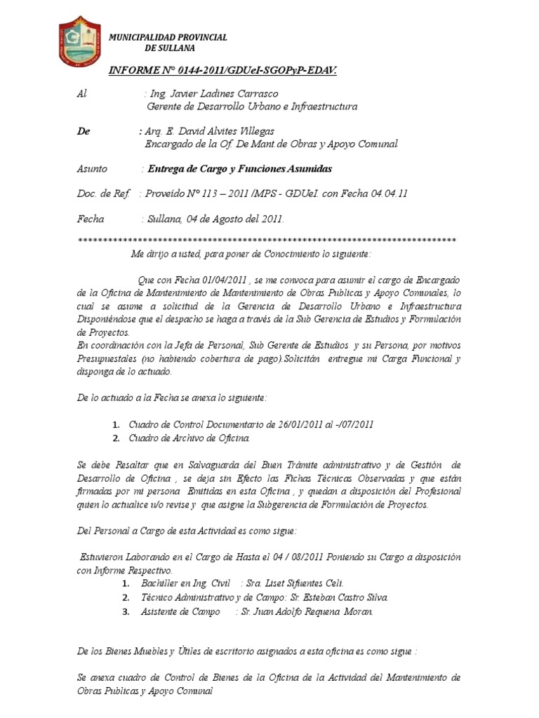 Informe - Entrega de Cargo de Of. | PDF | Liderazgo | Business