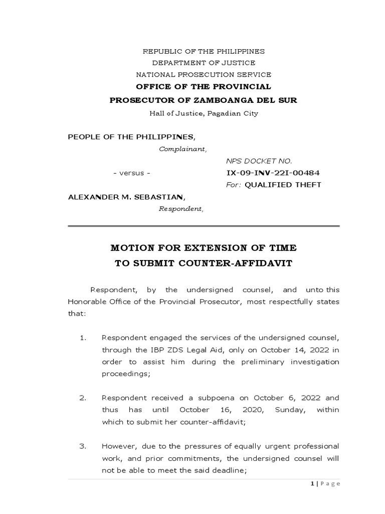 Motion For Extension To File Counter Affidavit | PDF | Prosecutor | Criminal Law