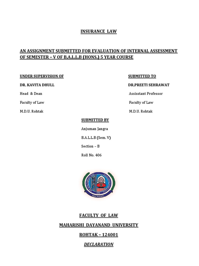 Assignment 1 (Insurance Law) | PDF | Insurance | Reinsurance