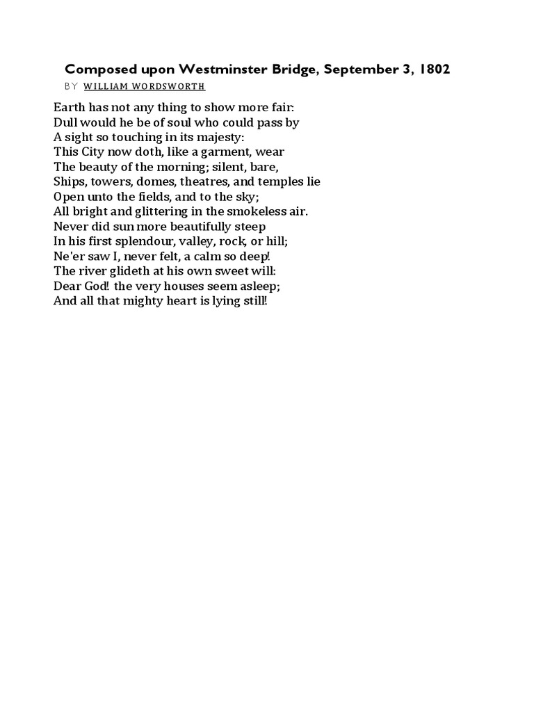 Composed Upon Westminster Bridge, September 3, 1802: William Wordsworth ...