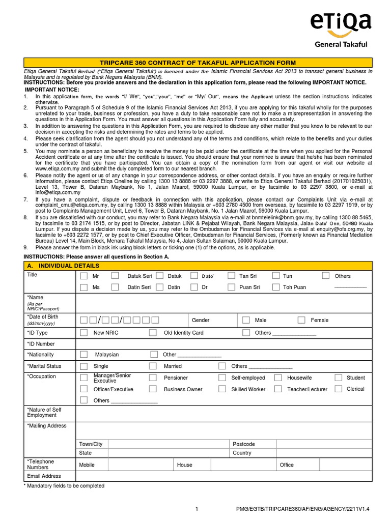 TripCare 360 Takaful Application Form | PDF | Cheque | Credit Card