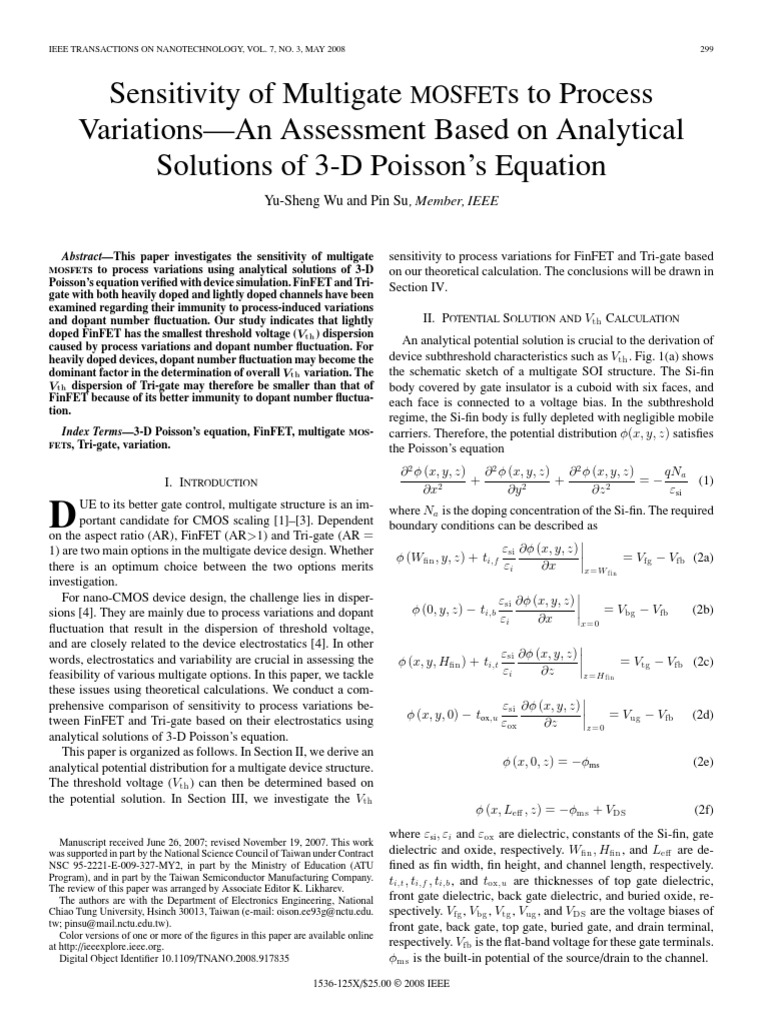 Sensitivity of Multigate S To Process Variations-An Assessment Based On Analytical Solutions of ...